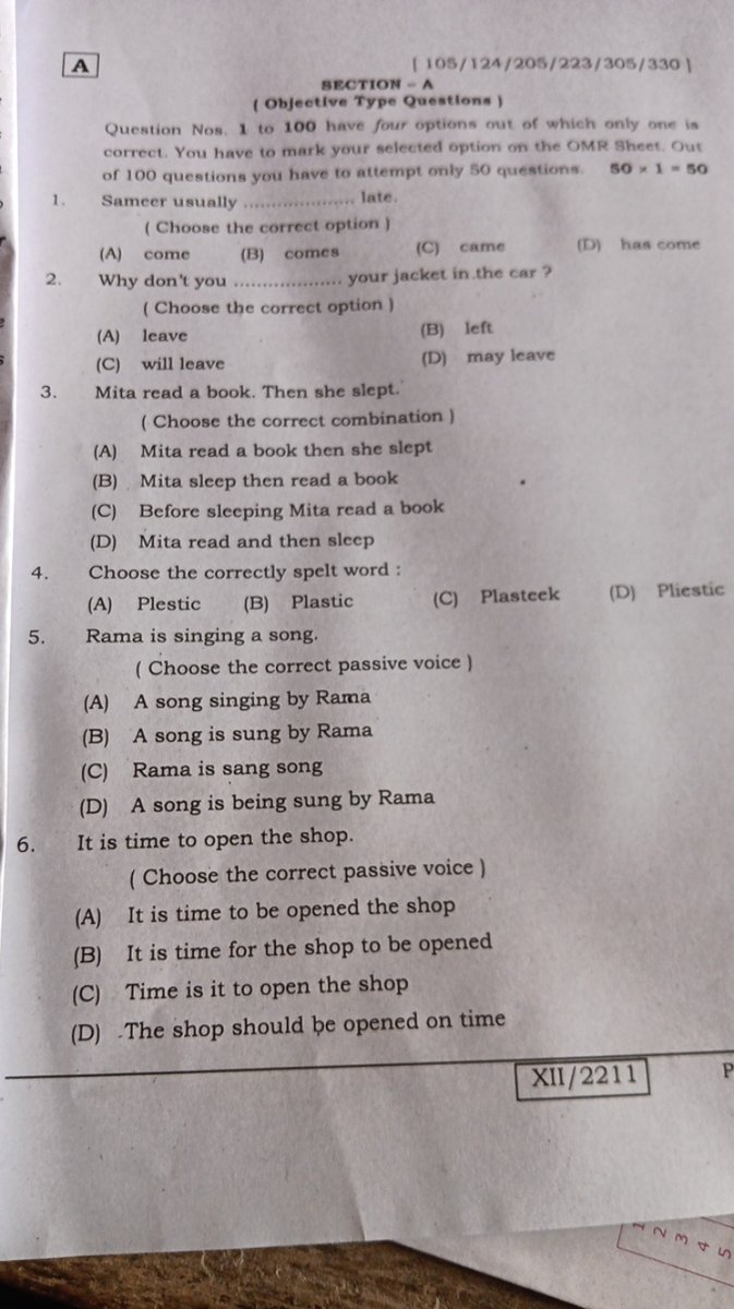 SECTION - A (Objective Type Questions) Question Nos. 1 to 100 have four o..