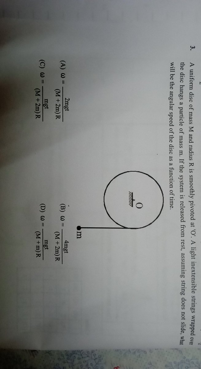 A uniform disc of mass M and radius R is smoothly pivoted at 'O'. A light..