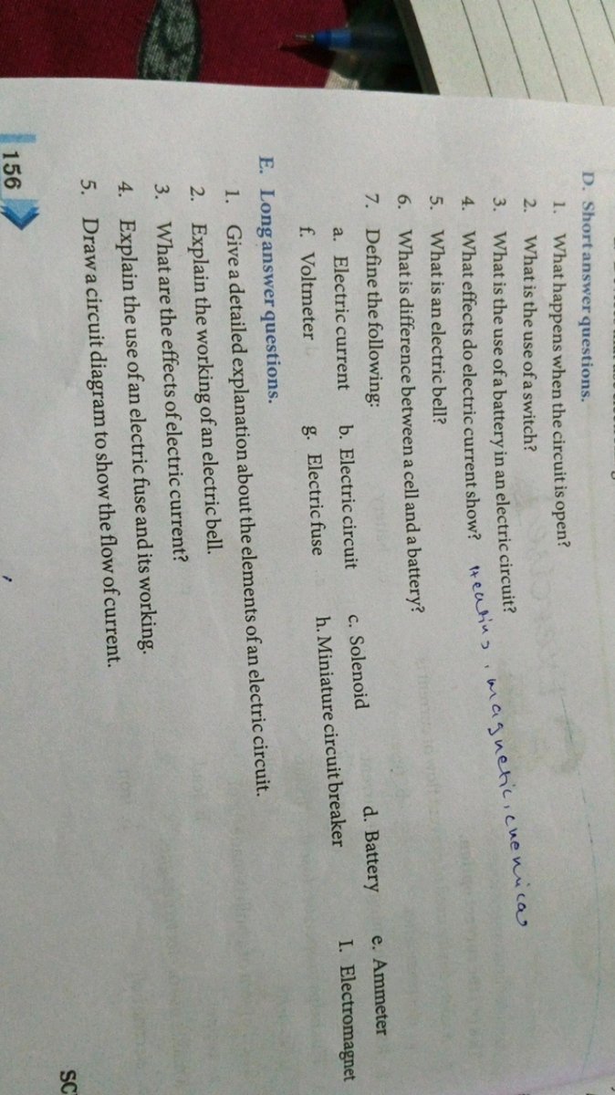 D. Short answer questions. What happens when the circuit is open? What is..
