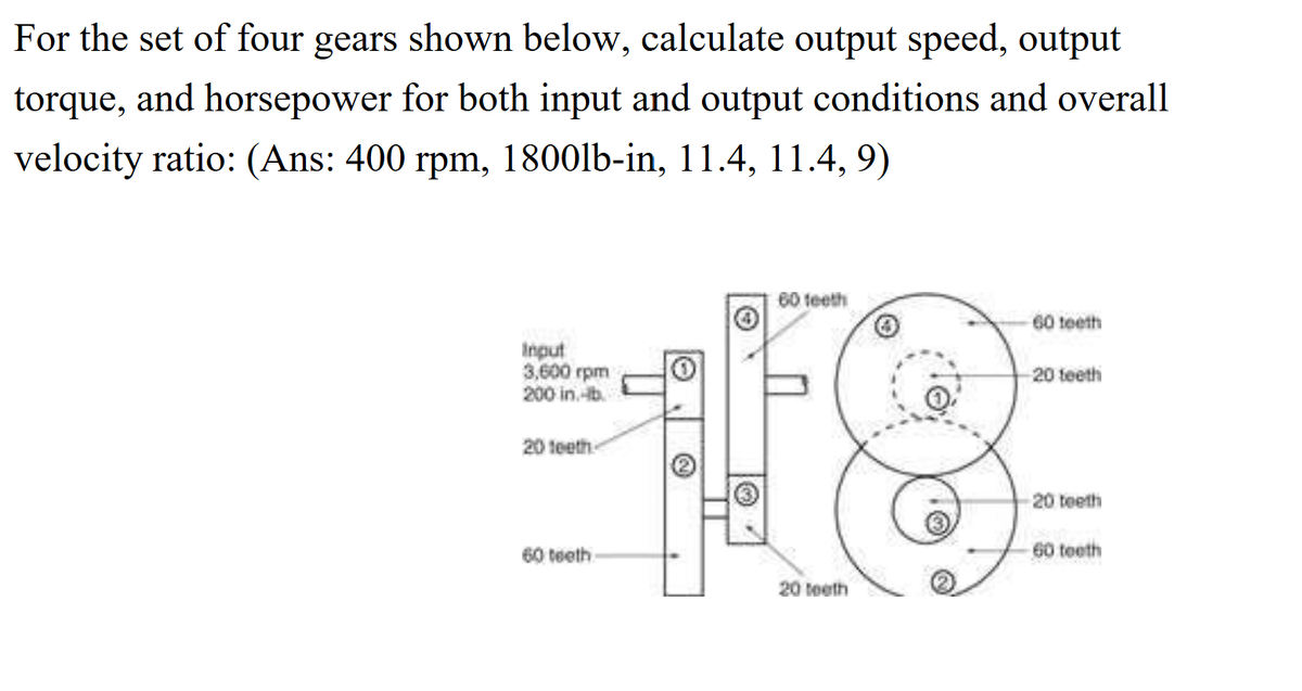 For the set of four gears shown below, calculate output speed, output tor..