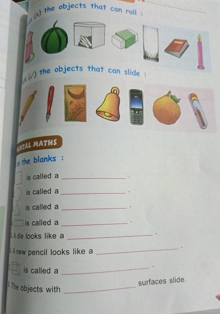 Here's the question image: (x) the objects that can roll : ( ) the obje..