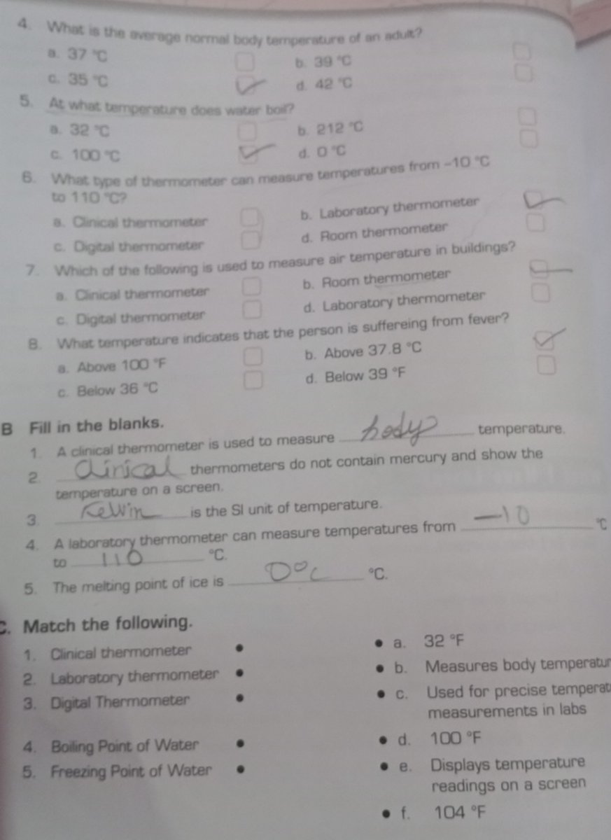 Here's a set of questions related to temperature and thermometers: A. Mu..