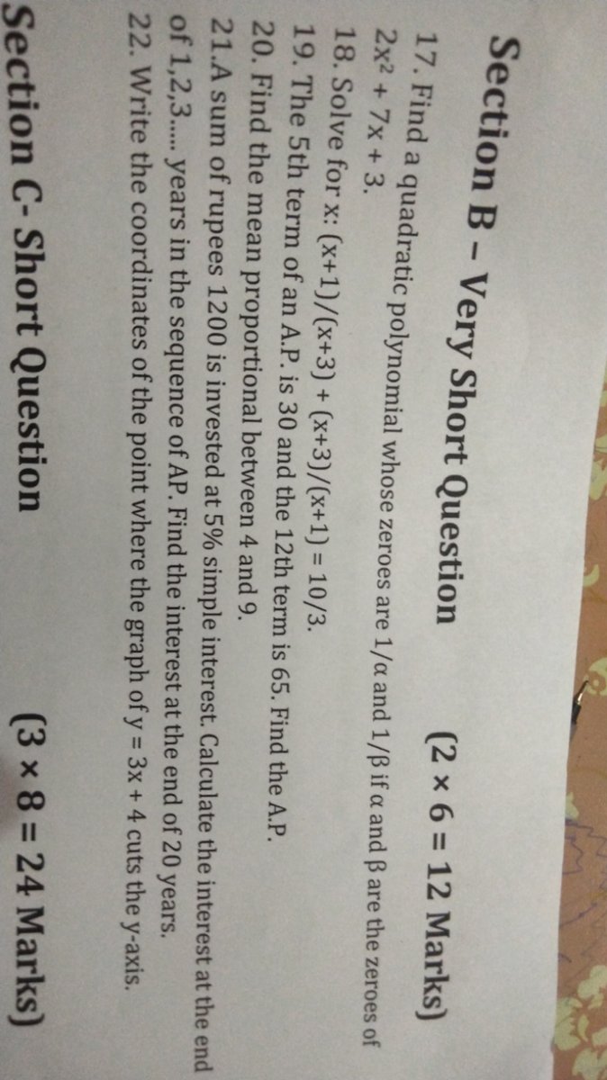 Section B - Very Short Question (2 x 6 = 12 Marks) Find a quadratic poly..