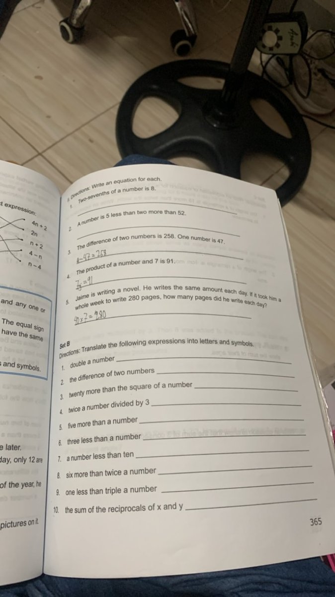 Set A Directions: Write an equation for each. Two-sevenths of a number is..