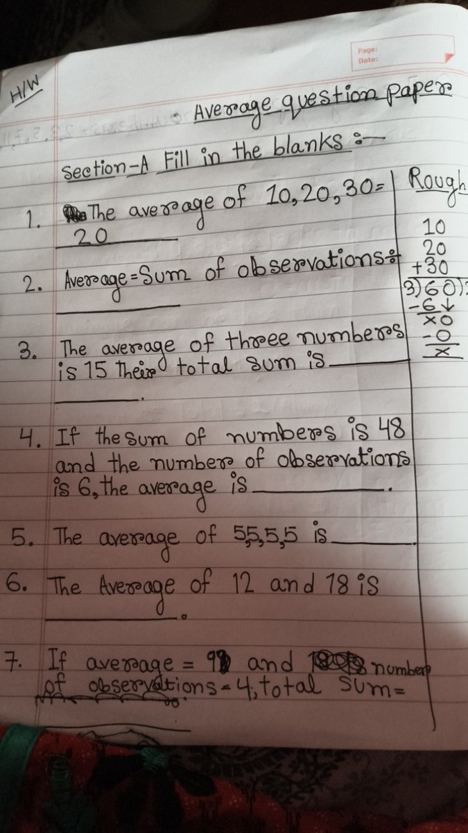 Section-A Fill in the blanks: The average of 10, 20, 30 = __ Average = S..
