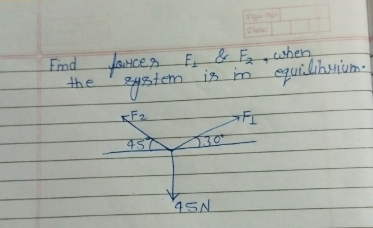 Find forces F _ { 1 } \& F _ { 2 }, when the system is in equilibrium...