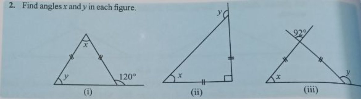 Find angles x and y in each figure. Diagrams (i), (ii), and (iii) are pr..