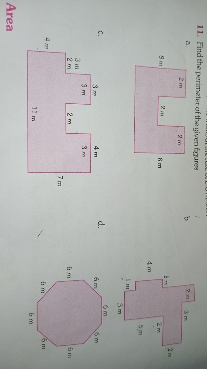Find the perimeter of the given figures. (a) Diagram with sides: 8m, 2m,..