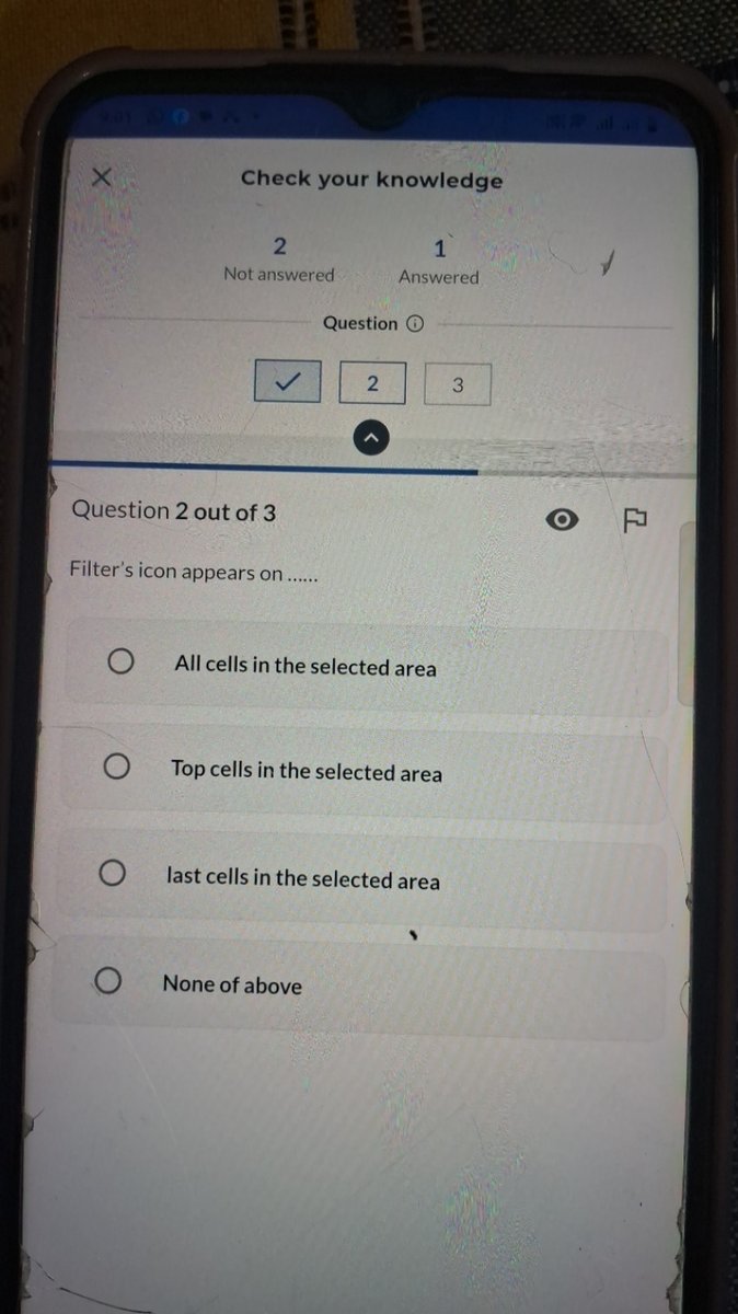 Filter's icon appears on ..... A. All cells in the selected area B. Top