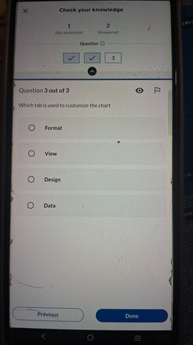 Which tab is used to customize the chart? A. Format B. View C. Design D...