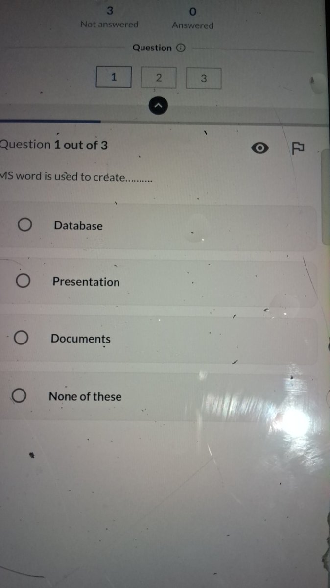 MS word is used to create... a) Database b) Presentation c) Documents d)..