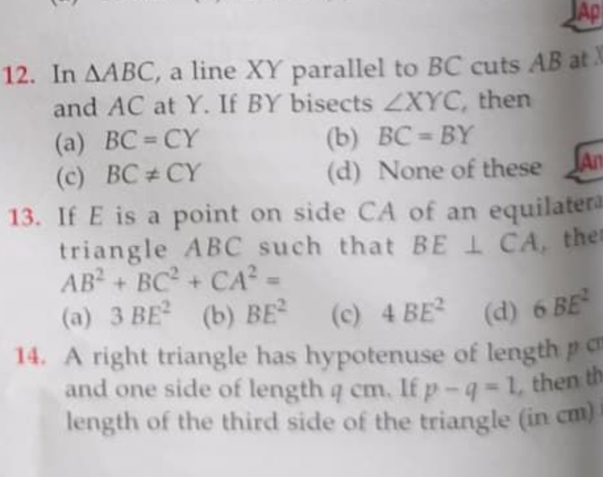 In triangle ABC, a line XY parallel to BC cuts AB at X and AC at Y. If BY..