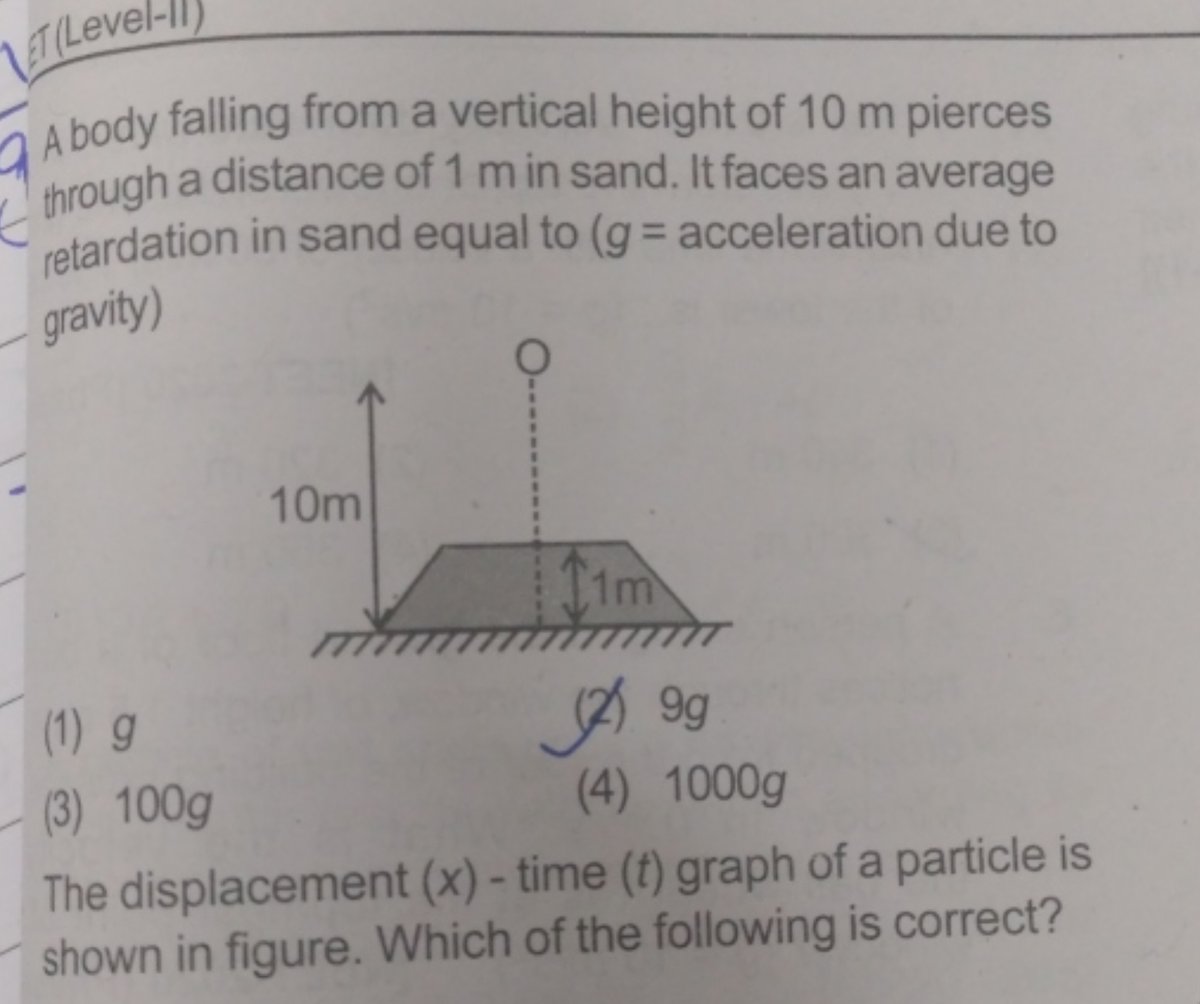 A body falling from a vertical height of 10 m pierces through a distance