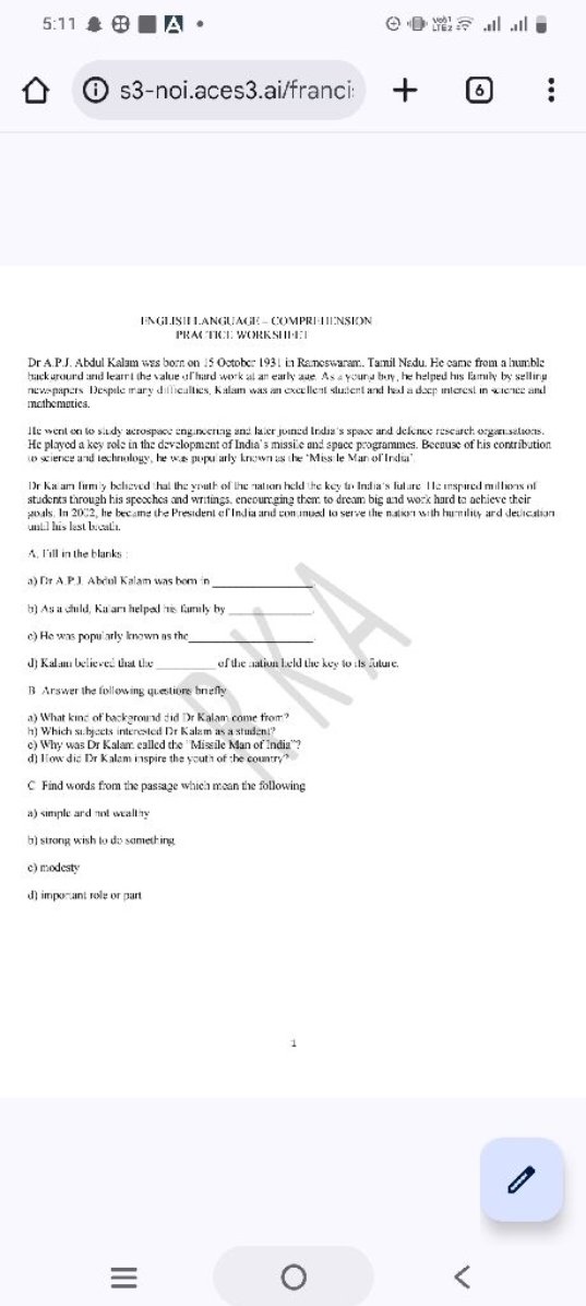 ENGLISH LANGUAGE - COMPREHENSION PRACTICE WORKSHEET Dr. A.P.J. Abdul Kal..
