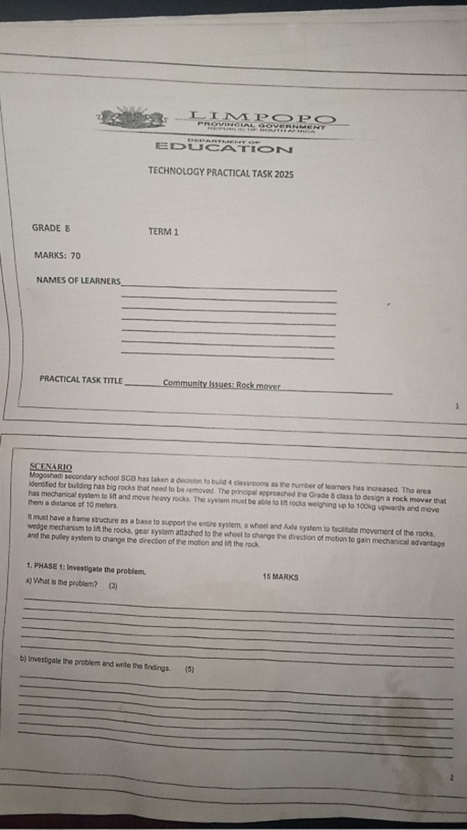 I TECHNOLOGY PRACTICAL TASK 2025 GRADE 8 TERM 1 MARKS: 70 NAMES OF LE..