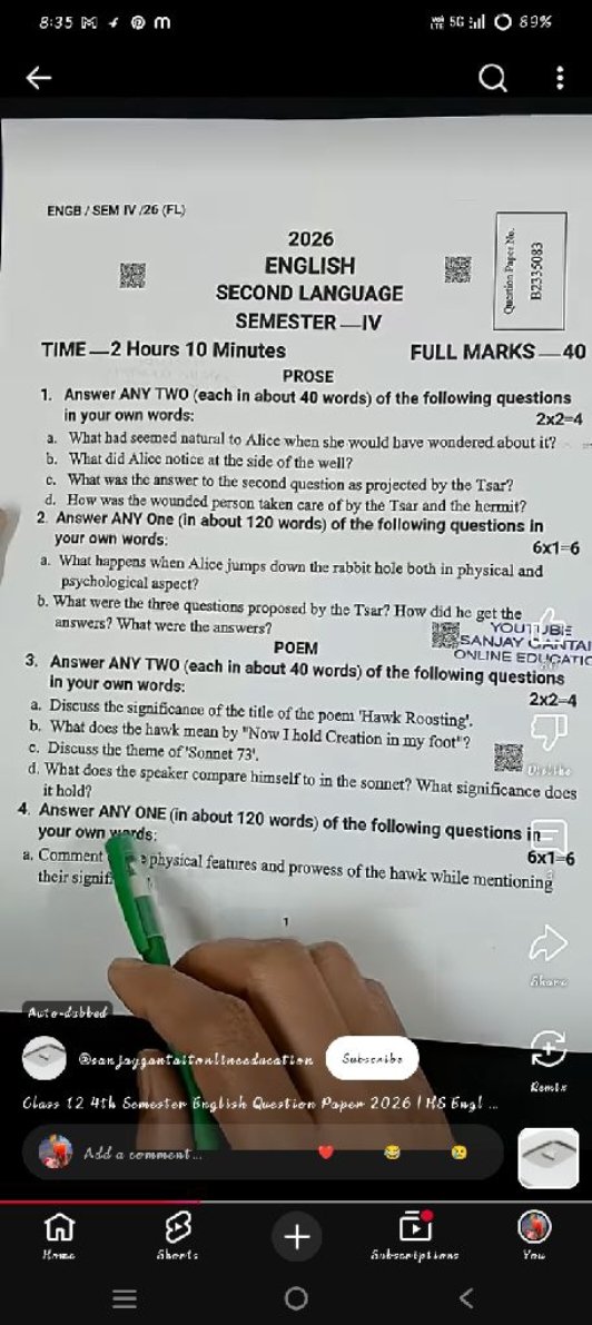 2026 ENGLISH SECOND LANGUAGE SEMESTER—IV TIME—2 Hours 10 Minutes FULL MAR..