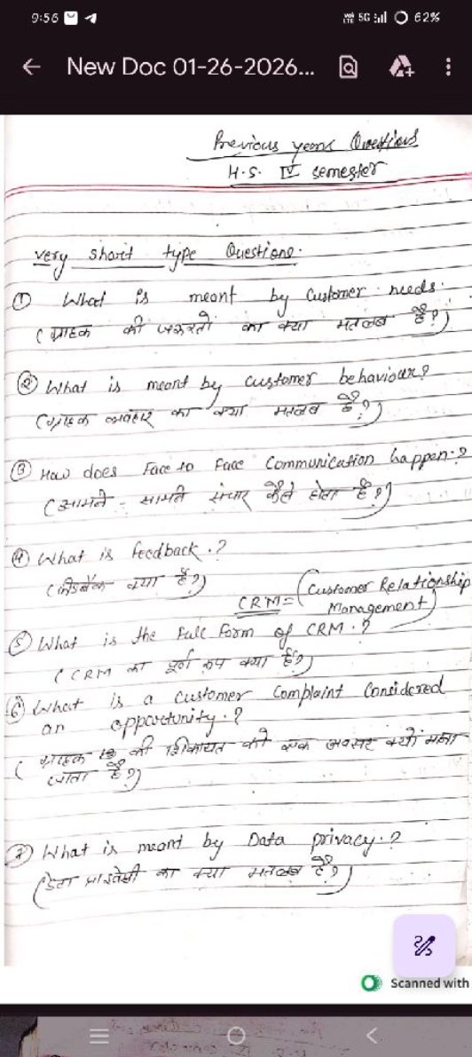 Here are some very short type questions: What is meant by Customer needs..
