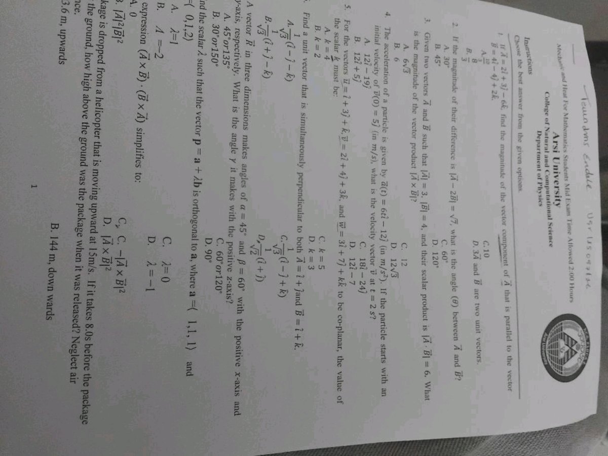 Instructions Choose the best answer from the given options. If \vec{A}