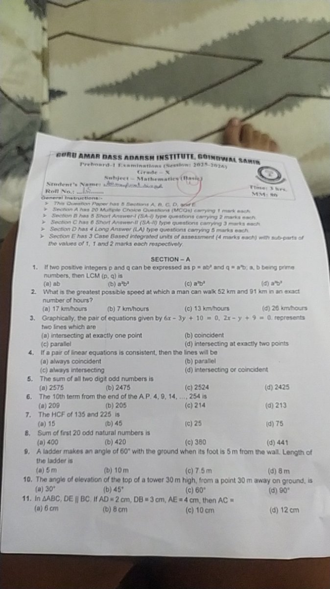 Here are some multiple-choice questions from a mathematics exam: SECTION..