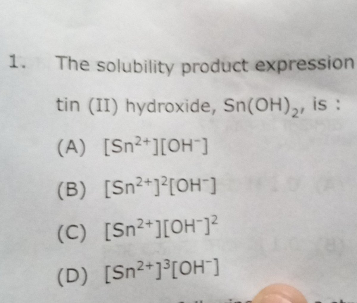 The solubility product expression tin (II) hydroxide, \mathrm { Sn } ( \m..