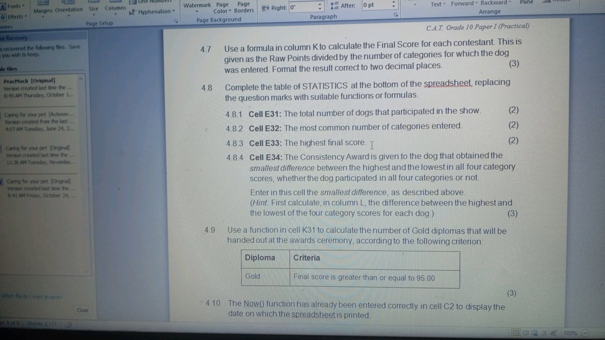 C.A.T. Grade 10 Paper 1 (Practical) 4.7 Use a formula in column K to cal..