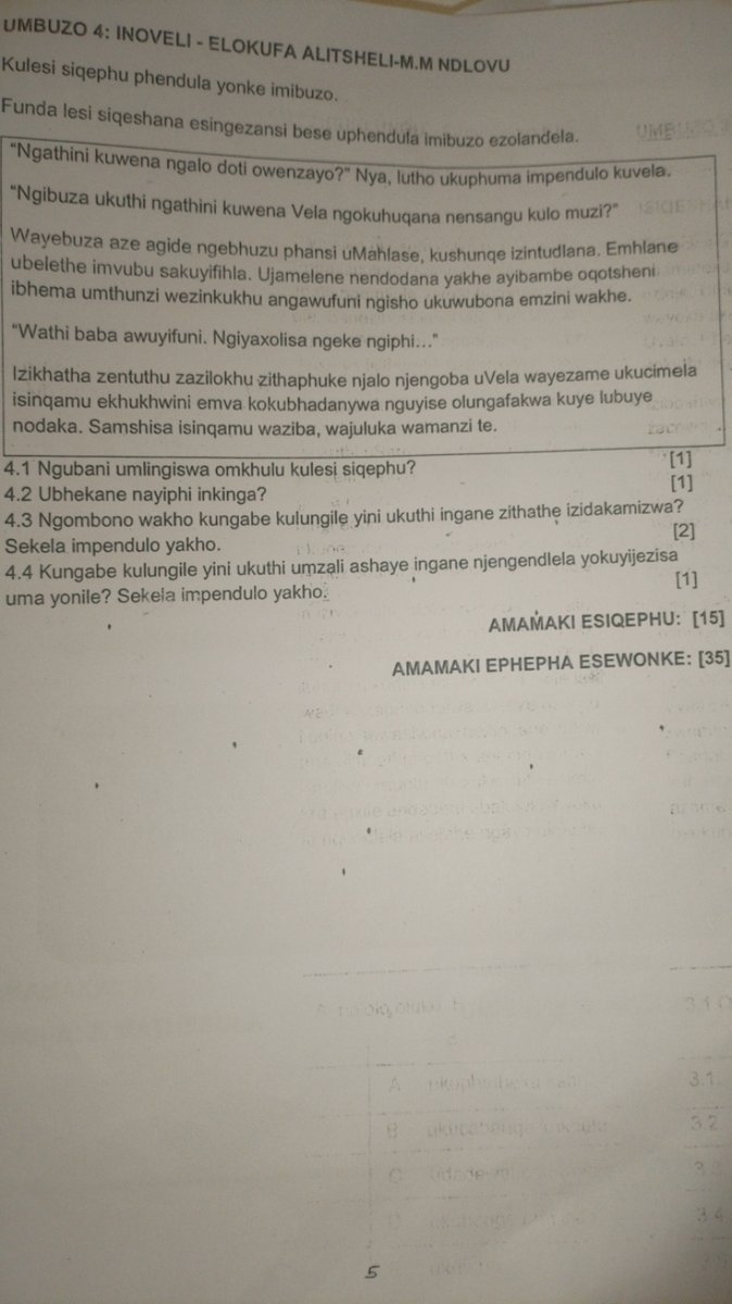 UMBUZO 4: INOVELI - ELOKUFA ALITSHELI-M.M NDLOVU Kulesi siqephu phendula