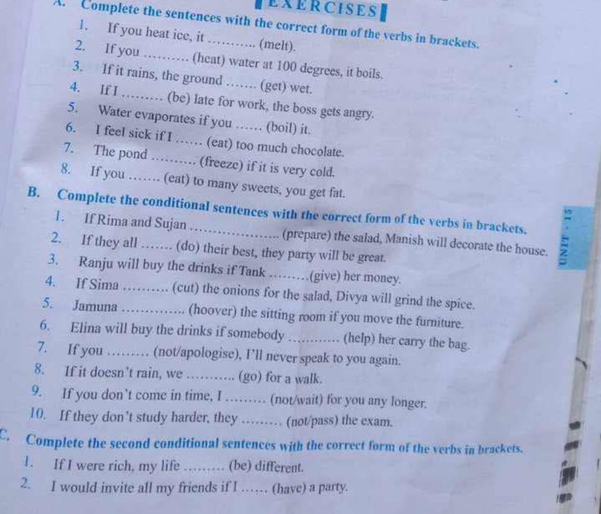 A. Complete the sentences with the correct form of the verbs in brackets...