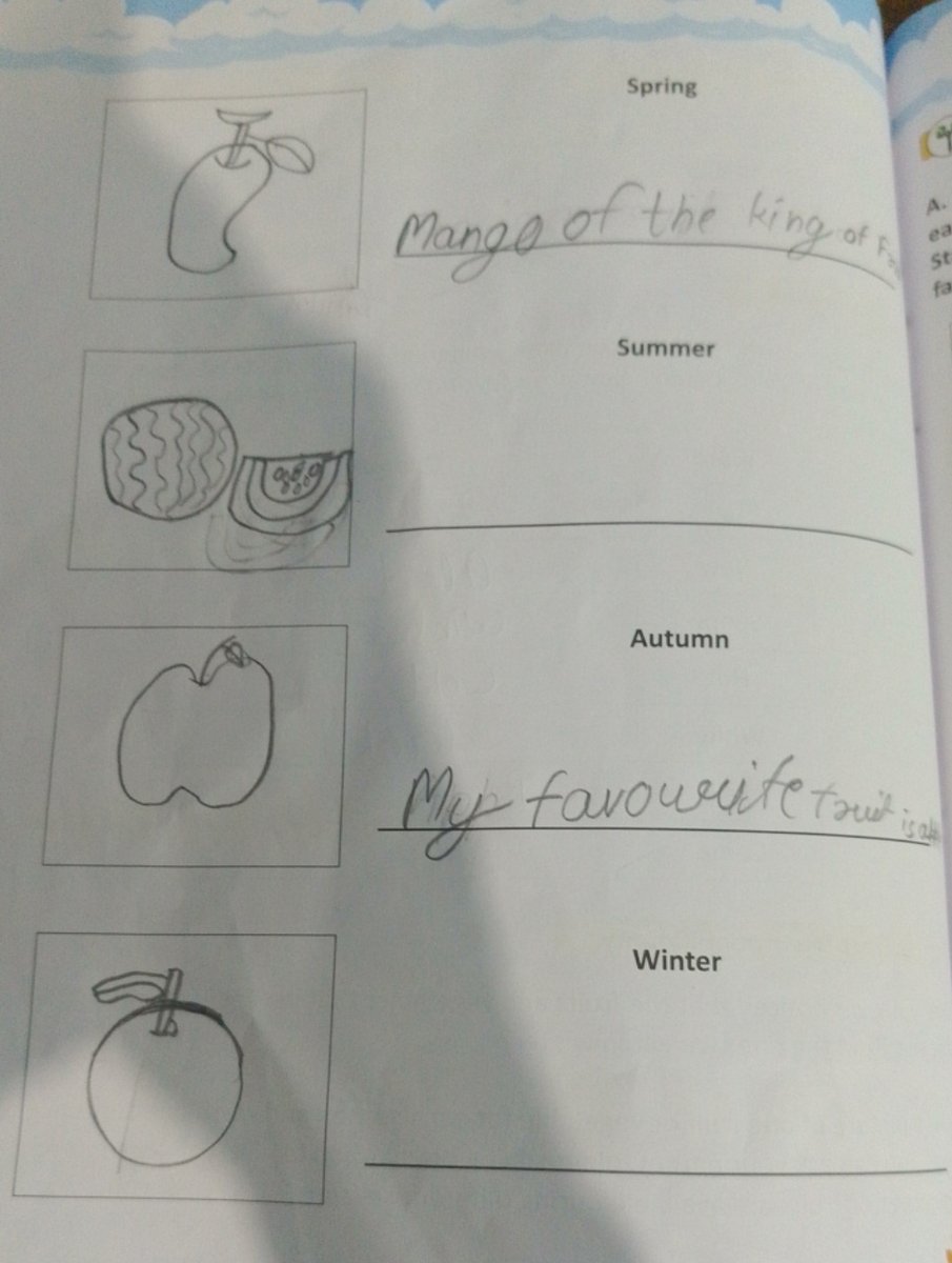 The image shows a worksheet with drawings of fruits and spaces to write a..