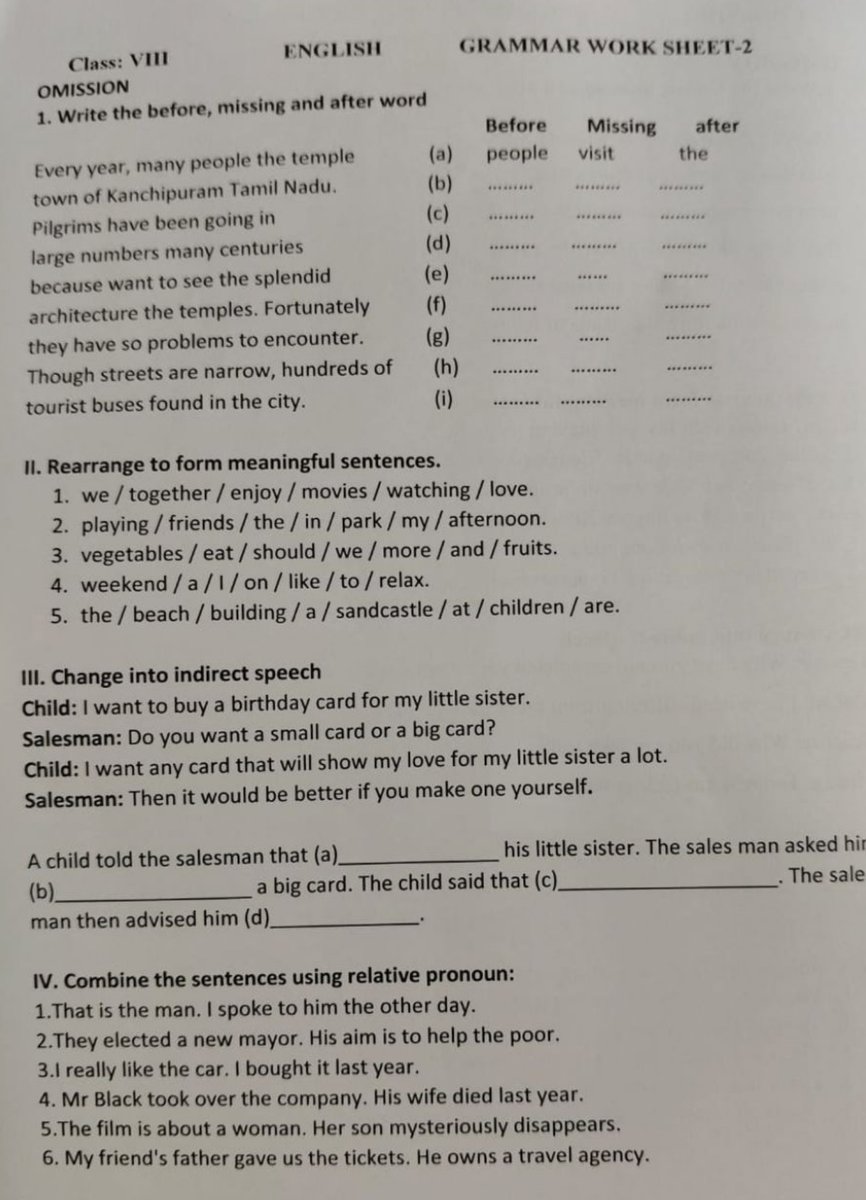 Class: VIII ENGLISH GRAMMAR WORK SHEET-2 OMISSION Write the before, missi..