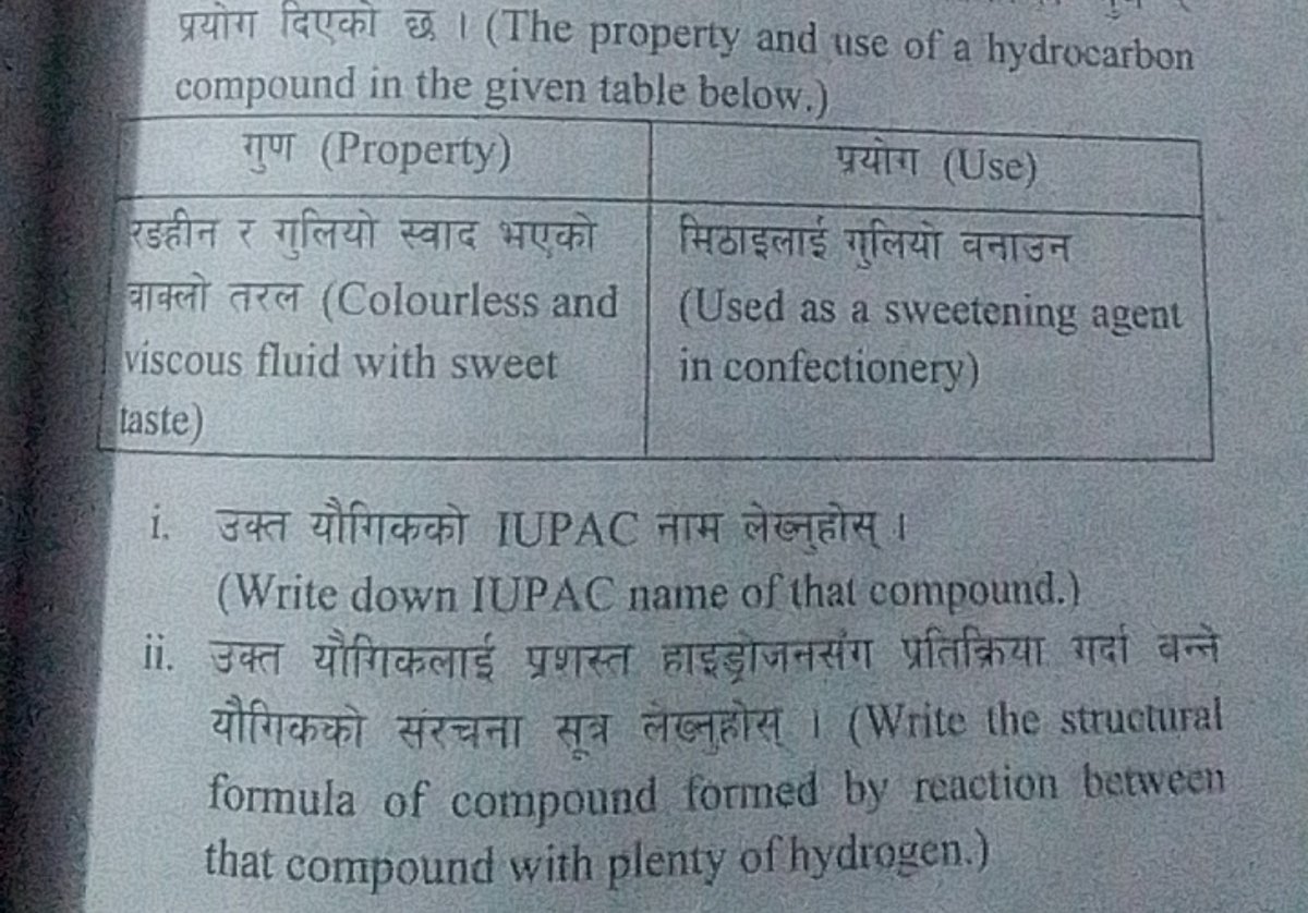 The property and use of a hydrocarbon compound are given in the table bel..