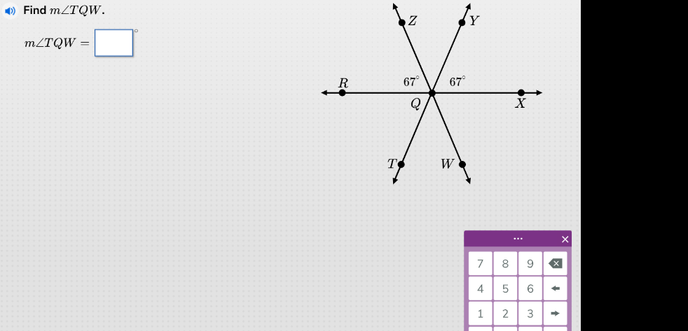 Find m \angle T Q W. \[ m \angle T Q W = \] \begin{tabular} { | c | c | c..