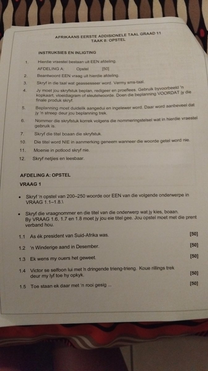 Skryf 'n opstel van 200-250 woorde oor EEN van die volgende onderwerpe in..