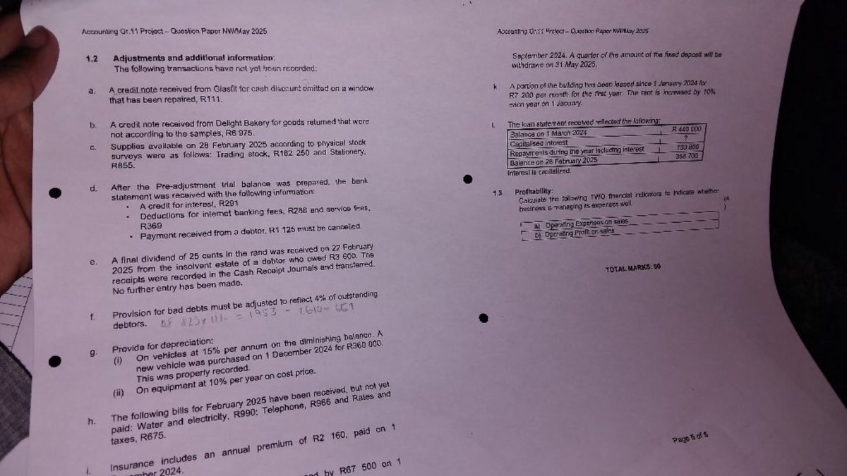 Accounting Gr.11 Project - Question Paper NW/May 2025 1.2 Adjustments an..