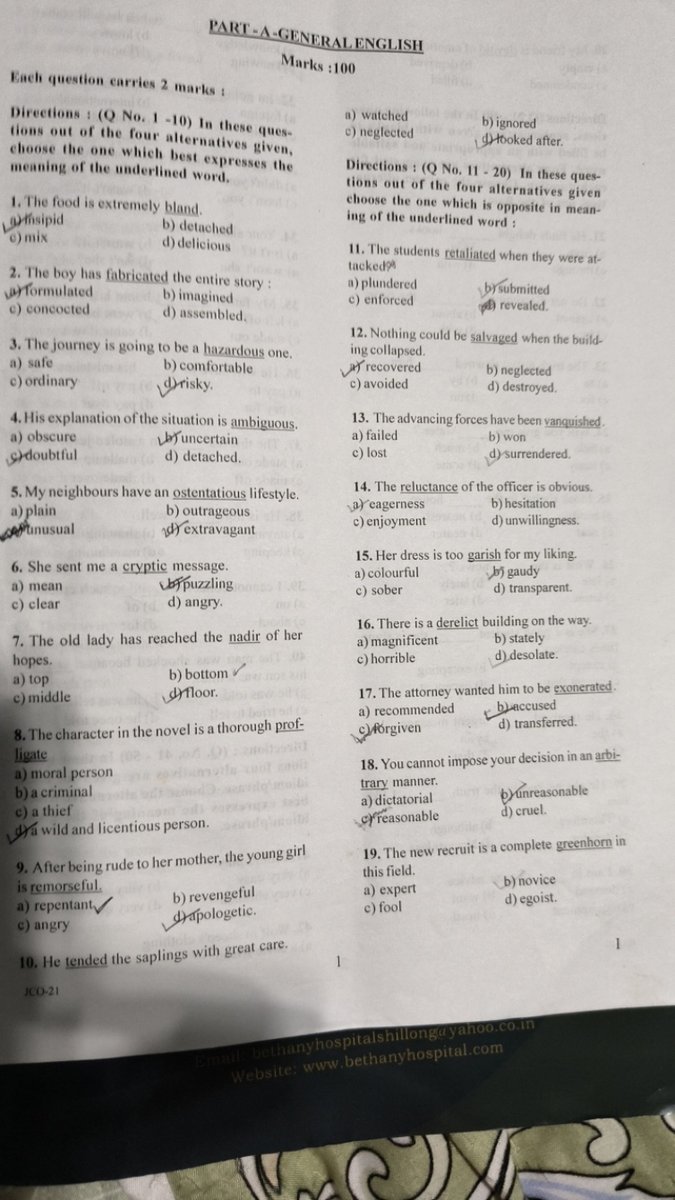 PART-A-GENERALENGLISH Marks :100 Each question carries 2 marks : Directi..