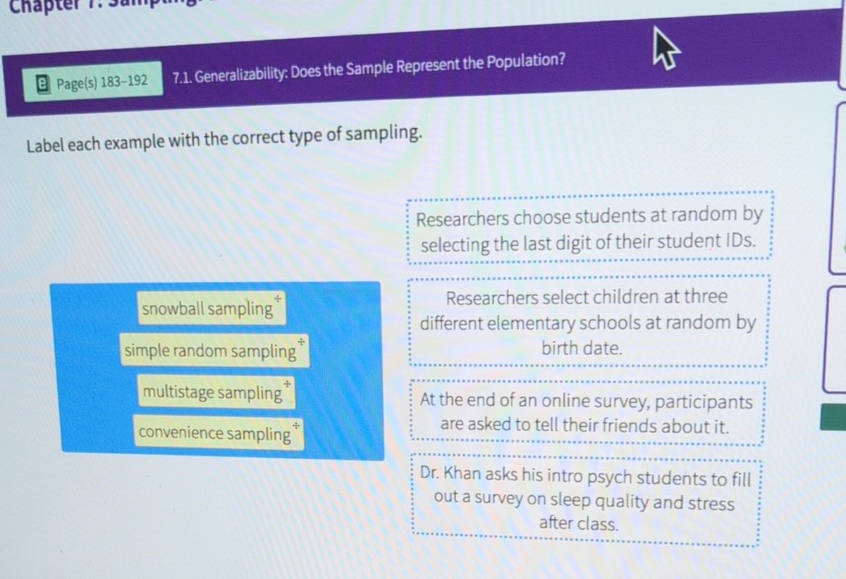 Label each example with the correct type of sampling. Sampling Types: sn..