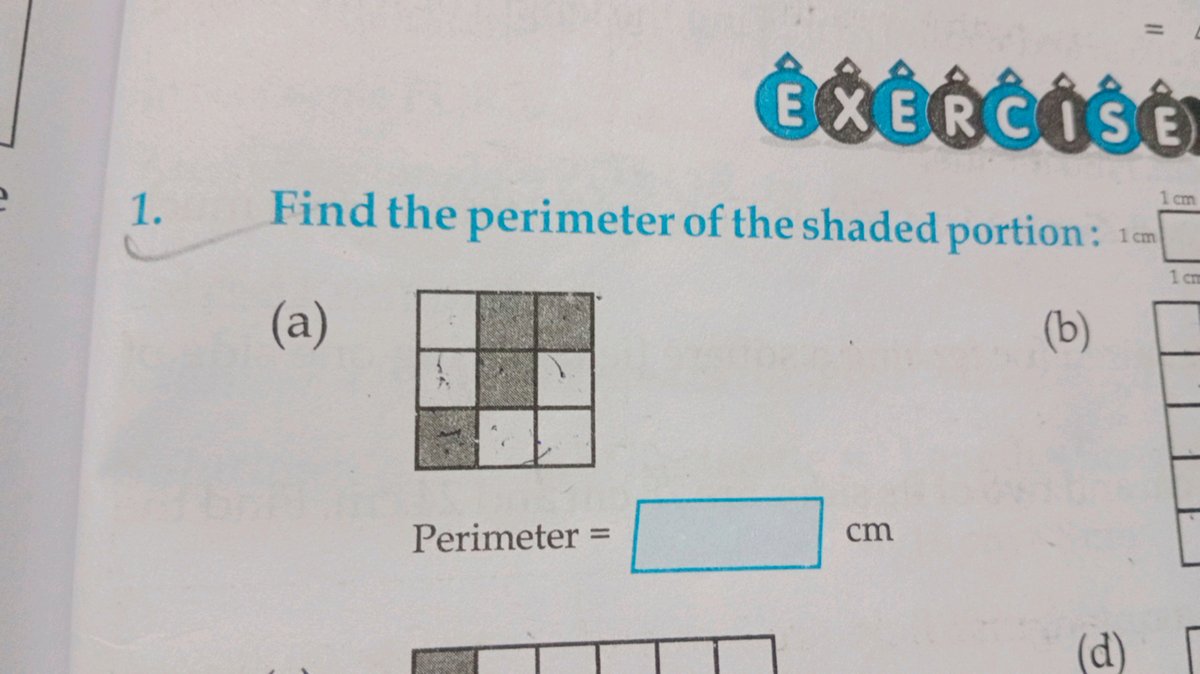 Find the perimeter of the shaded portion: (a) [Diagram of shaded squares..