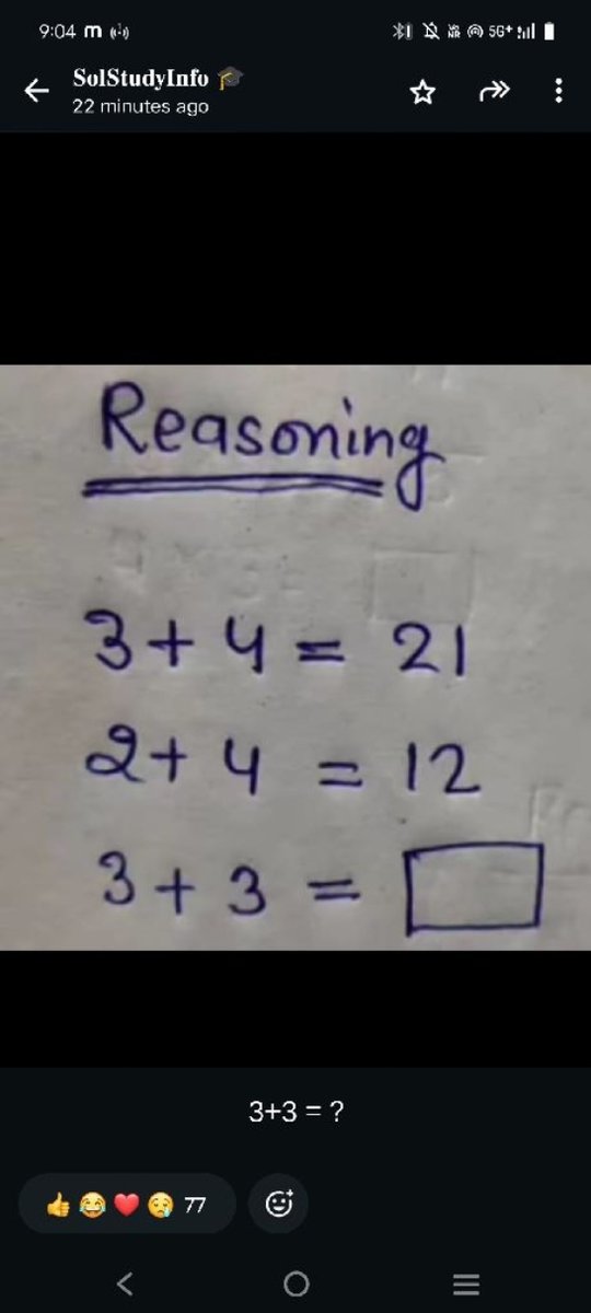 Reasoning: 3 + 4 = 21 2 + 4 = 12 3 + 3 = ? | Filo