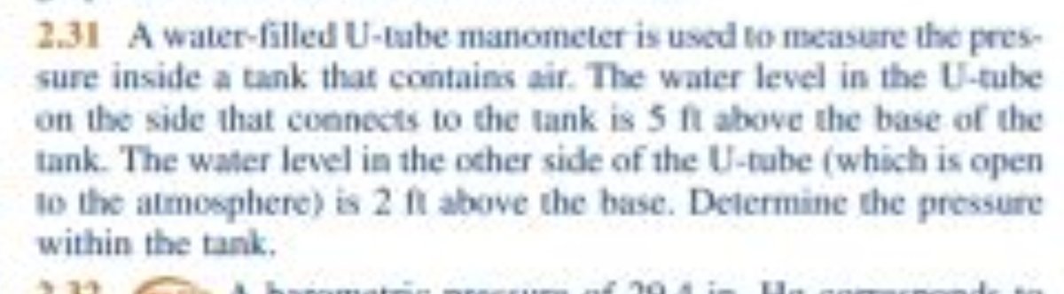 2.31 A water-filled U-tube manometer is used to measure the pressure insi..