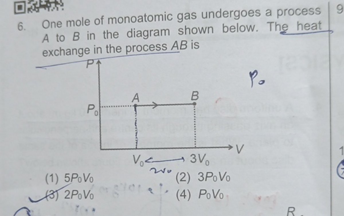 One mole of monoatomic gas undergoes a process A to B in the diagram show..