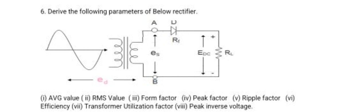 Derive the following parameters of Below rectifier. (i) AVG value (ii) RM..