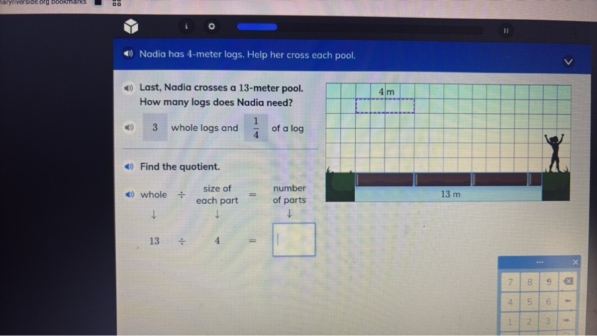 Nadia has 4-meter logs. Help her cross each pool. Last, Nadia crosses a