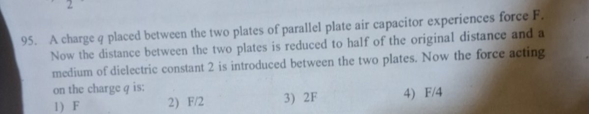 A charge q placed between the two plates of a parallel plate air capacito..