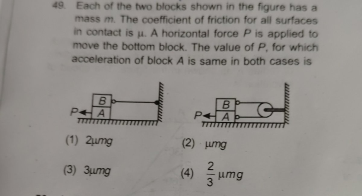 Each of the two blocks shown in the figure has a mass m. The coefficient