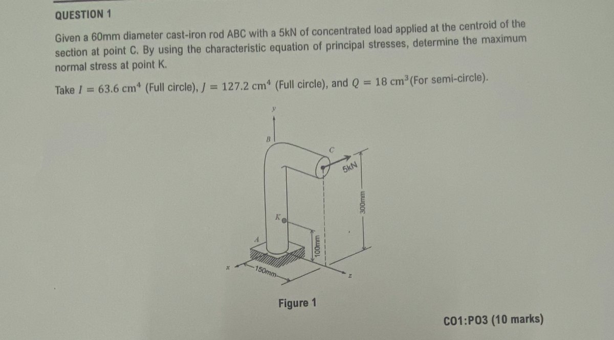 QUESTION 1 Given a 60mm diameter cast-iron rod ABC with a 5kN of concentr..
