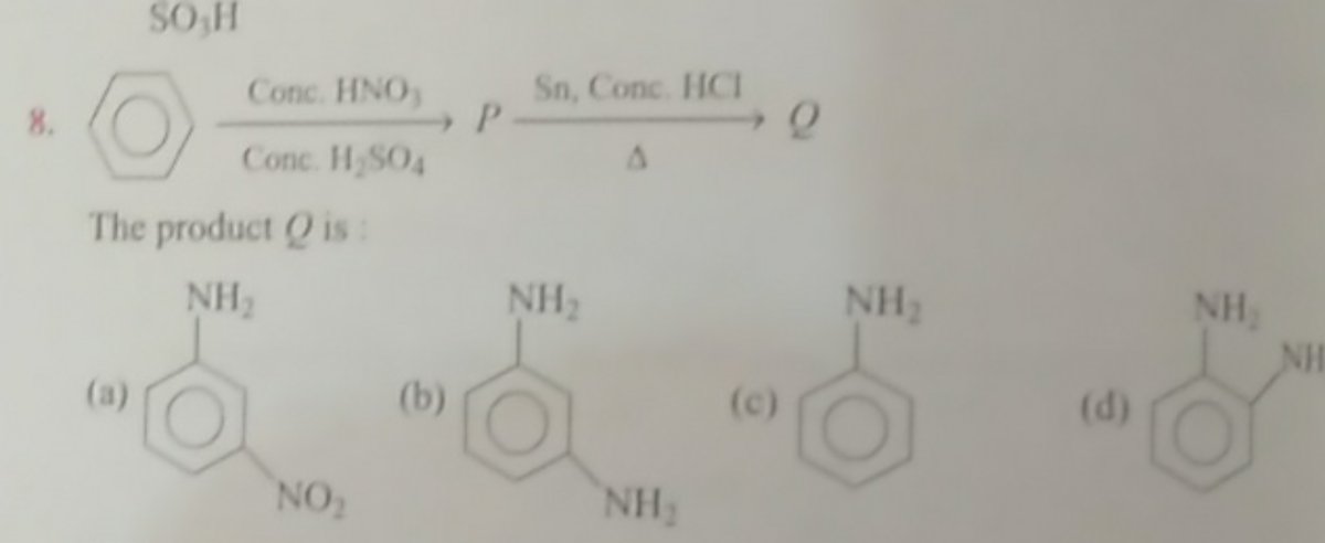 The product Q is: (Image shows a reaction sequence starting with benzene..