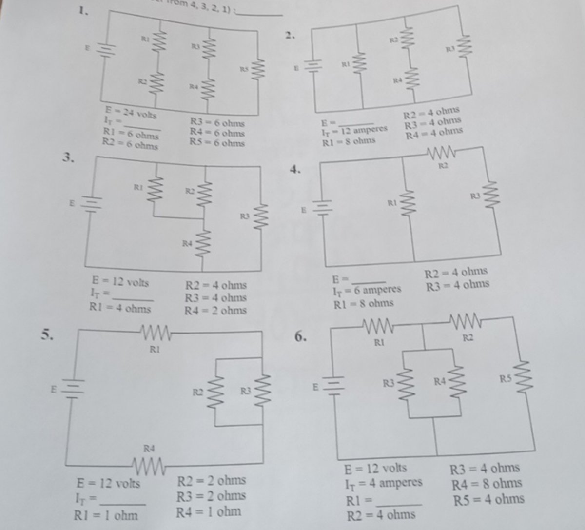 The image contains 6 circuit diagrams with some given values for voltage