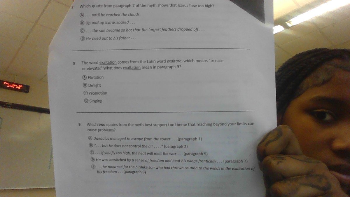 Which quote from paragraph 7 of the myth shows that Icarus flew too high?..