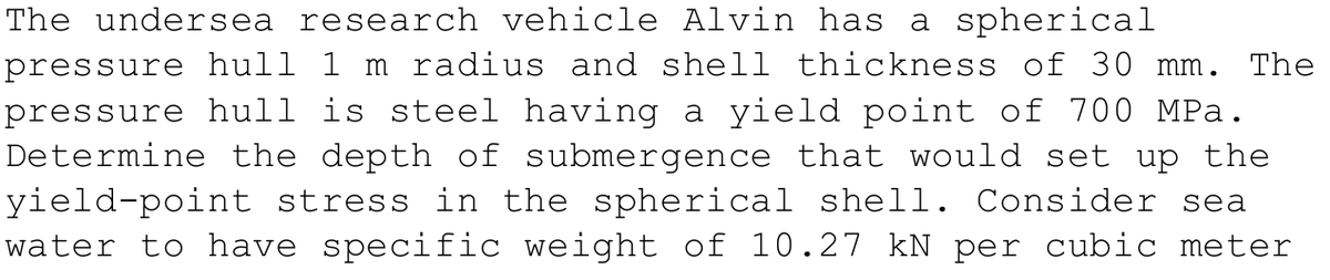 The undersea research vehicle Alvin has a spherical pressure hull 1 m rad..