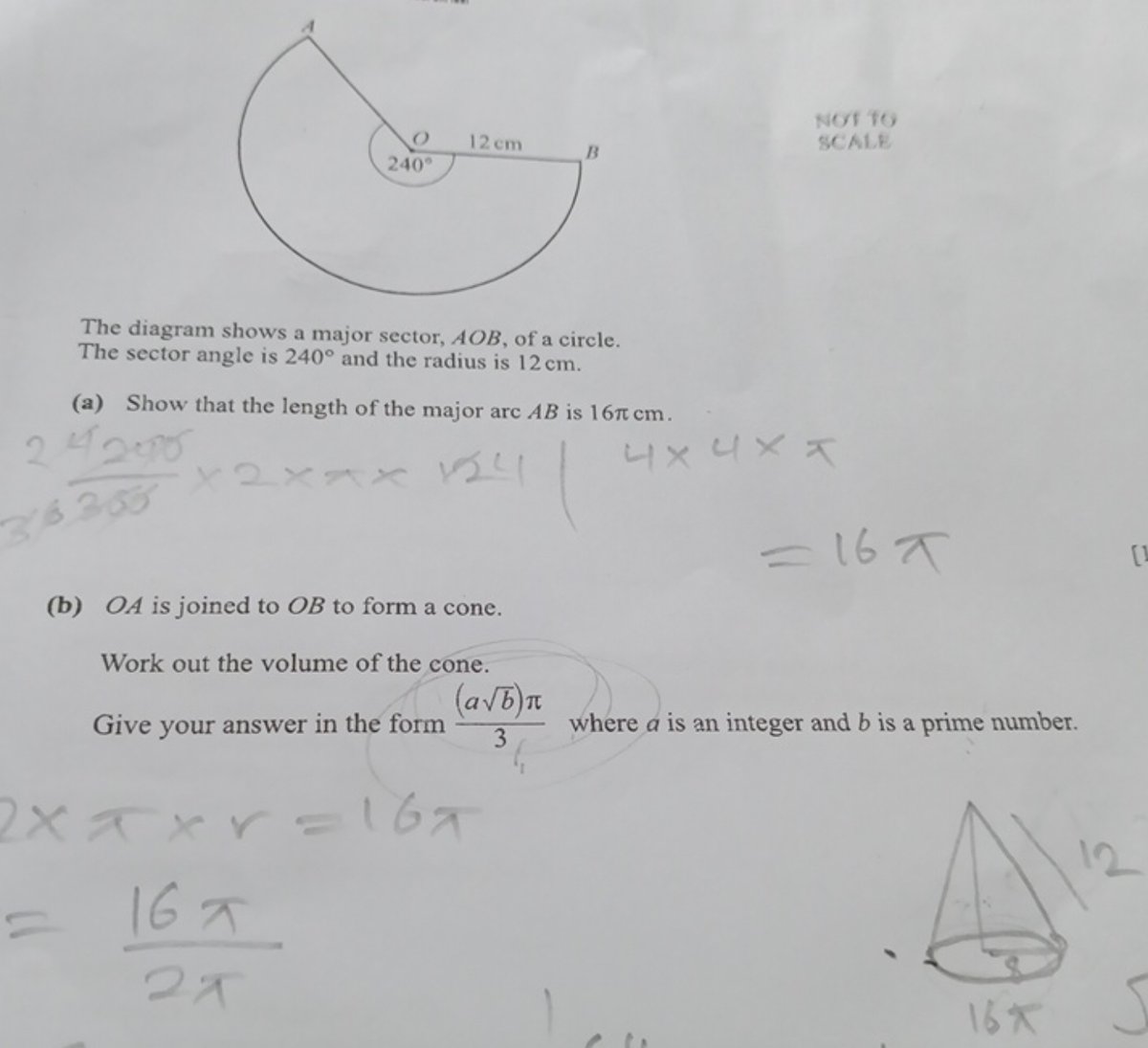 The diagram shows a major sector, AOB, of a circle. The sector angle is 2..