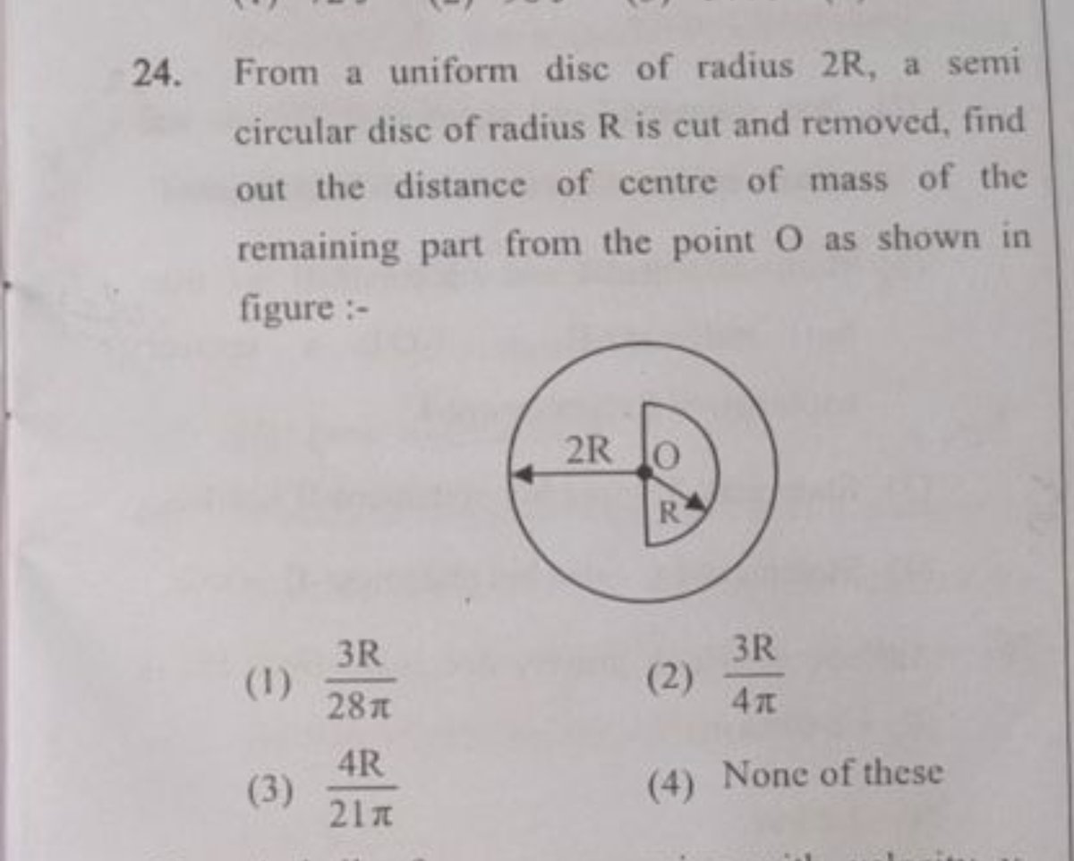 From a uniform disc of radius 2 R, a semi circular dise of radius R is cu..